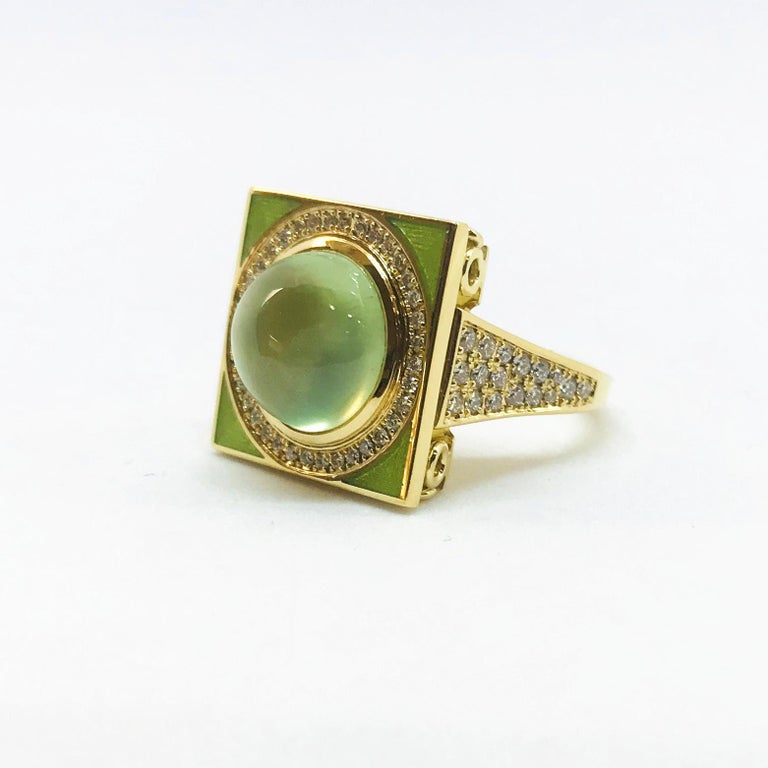 Yellow Gold Prehnite Green Enamel Diamond Ring For Sale at 1stDibs