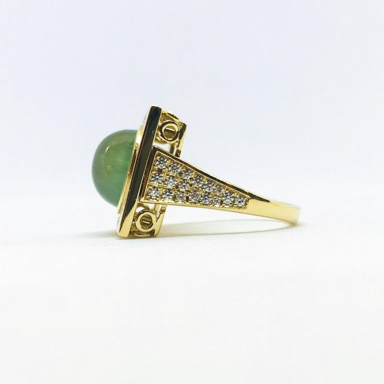 Yellow Gold Prehnite Green Enamel Diamond Ring For Sale at 1stDibs
