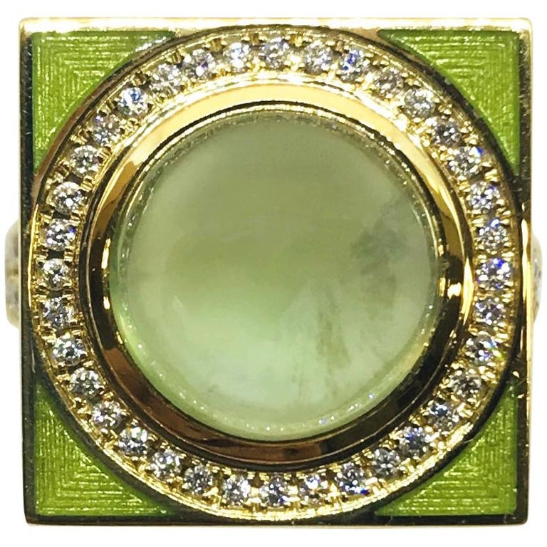 Yellow Gold Prehnite Green Enamel Diamond Ring For Sale at 1stDibs