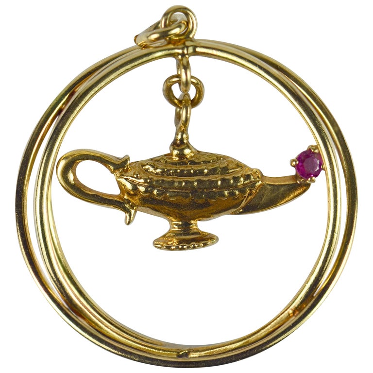 Yellow Gold Red Ruby Genie Lamp Kinetic Large Charm Pendant For Sale at ...