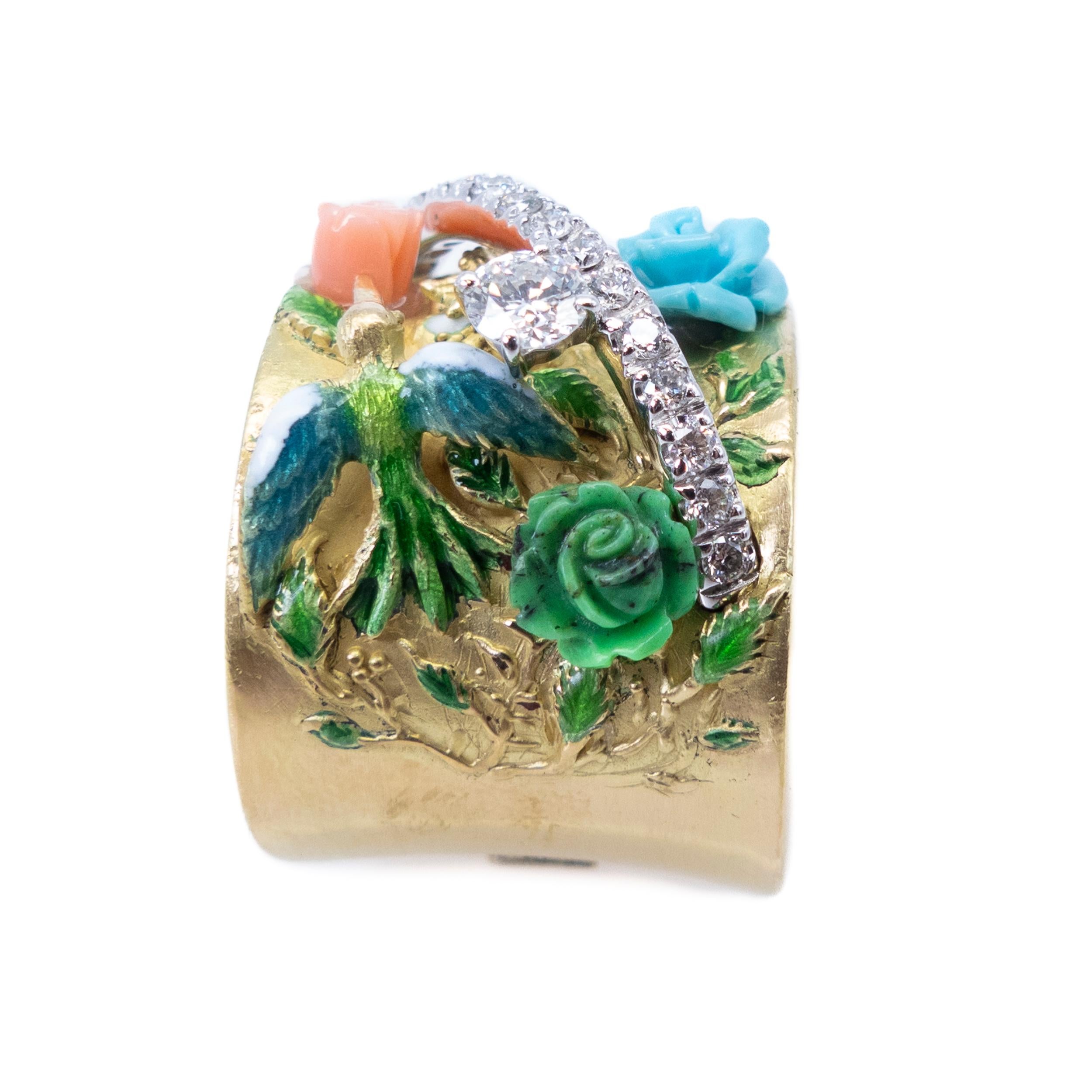 Yellow Gold Ring White Gold Diamonds Enamels Ruby Turquoise Roses Tulip Birds For Sale at 1stDibs