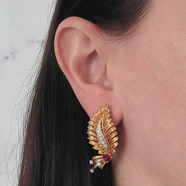 Yellow Gold Ruby and Diamond Leaf Earrings For Sale at 1stDibs