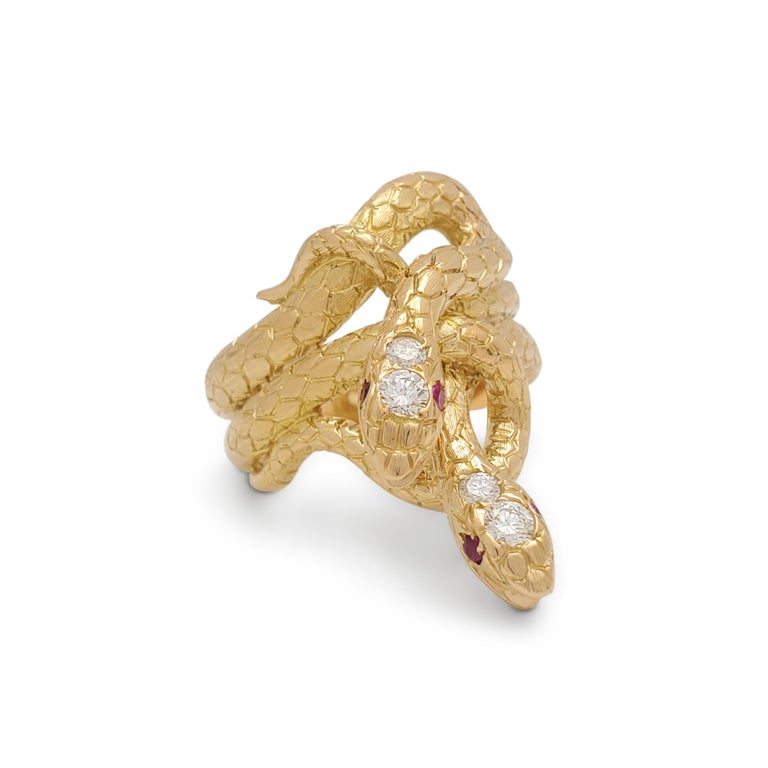 Yellow Gold Ruby and Diamond Snake Ring For Sale at 1stDibs