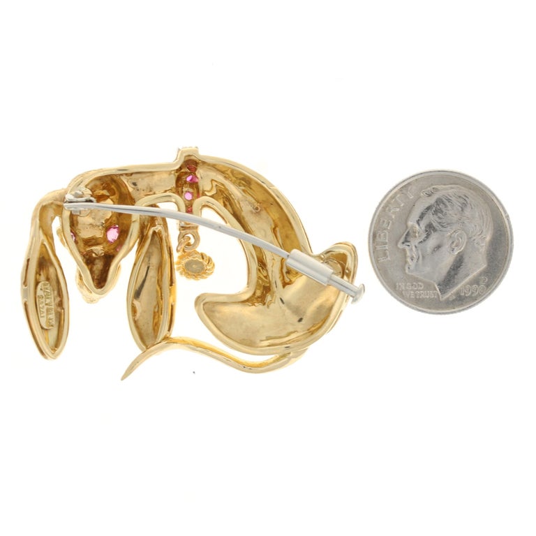 Yellow Gold Ruby Dog Brooch 18k Rnd .18ctw Pet Canine Hound Brushed ...
