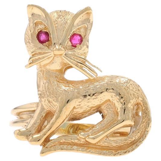 Yellow Gold Ruby Vintage Feline Ring - 10k Round Cut Pet Cat Two-Stone ...