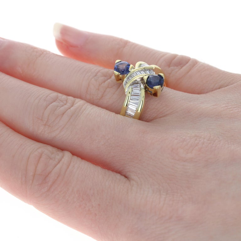 Yellow Gold Sapphire and Diamond Two-Stone Bypass Ring, 18k Round Cut 2 ...