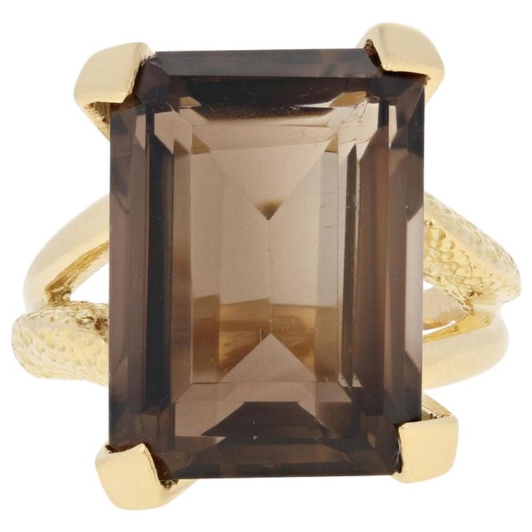Yellow Gold Smoky Quartz Ring, 18k Rectangle Cut 19.70 Carat Cocktail ...