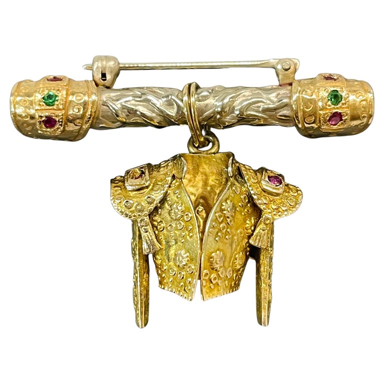 Yellow Gold Sterling Ruby Emerald Matador Brooch/Pin For Sale at 1stDibs