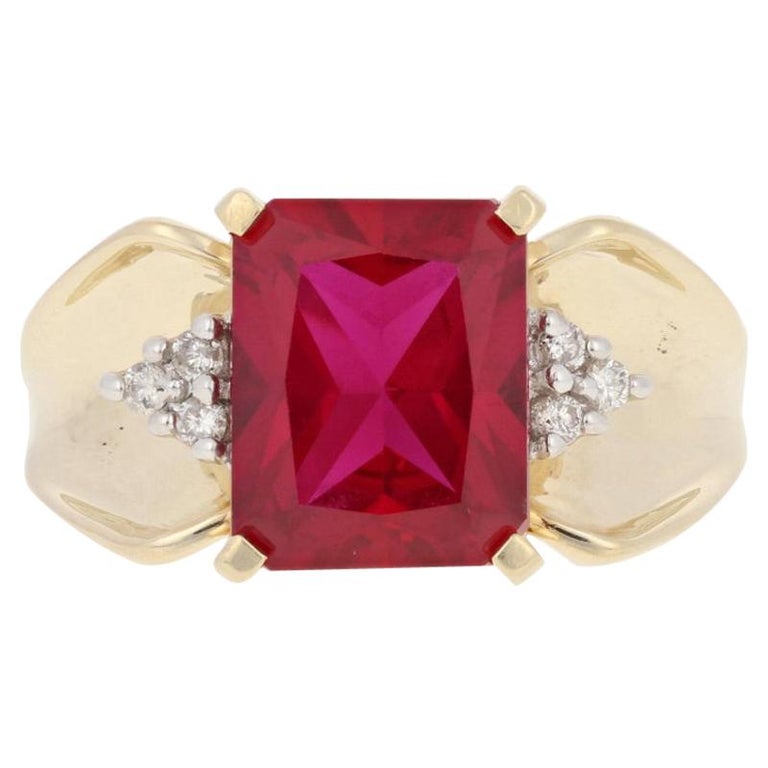 Customizable Yellow Gold Synthetic Ruby and Diamond Ring, 10k Rectangle ...