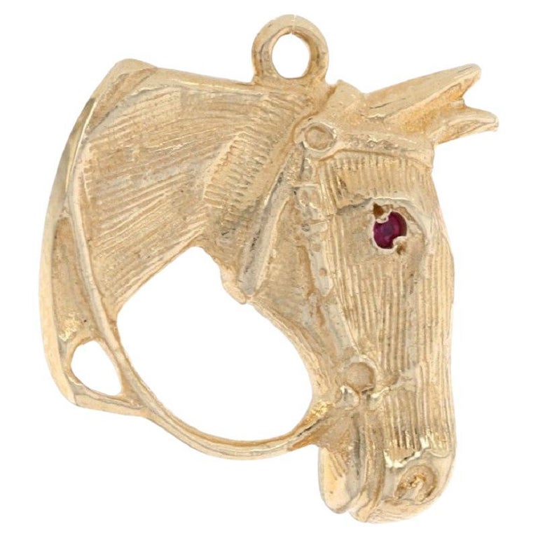 Yellow Gold Synthetic Ruby Horse Bust Charm, 14k Textured Equestrian ...