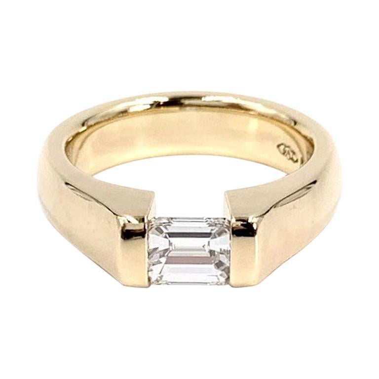 Yellow Gold Tension Set Emerald Cut Diamond Solitaire Ring For Sale at ...