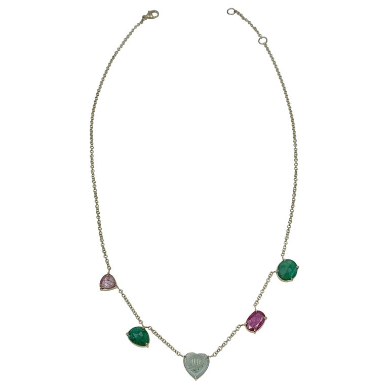 Yellow Gold Tourmaline Heart with Emeralds and Ruby Chain Choker ...