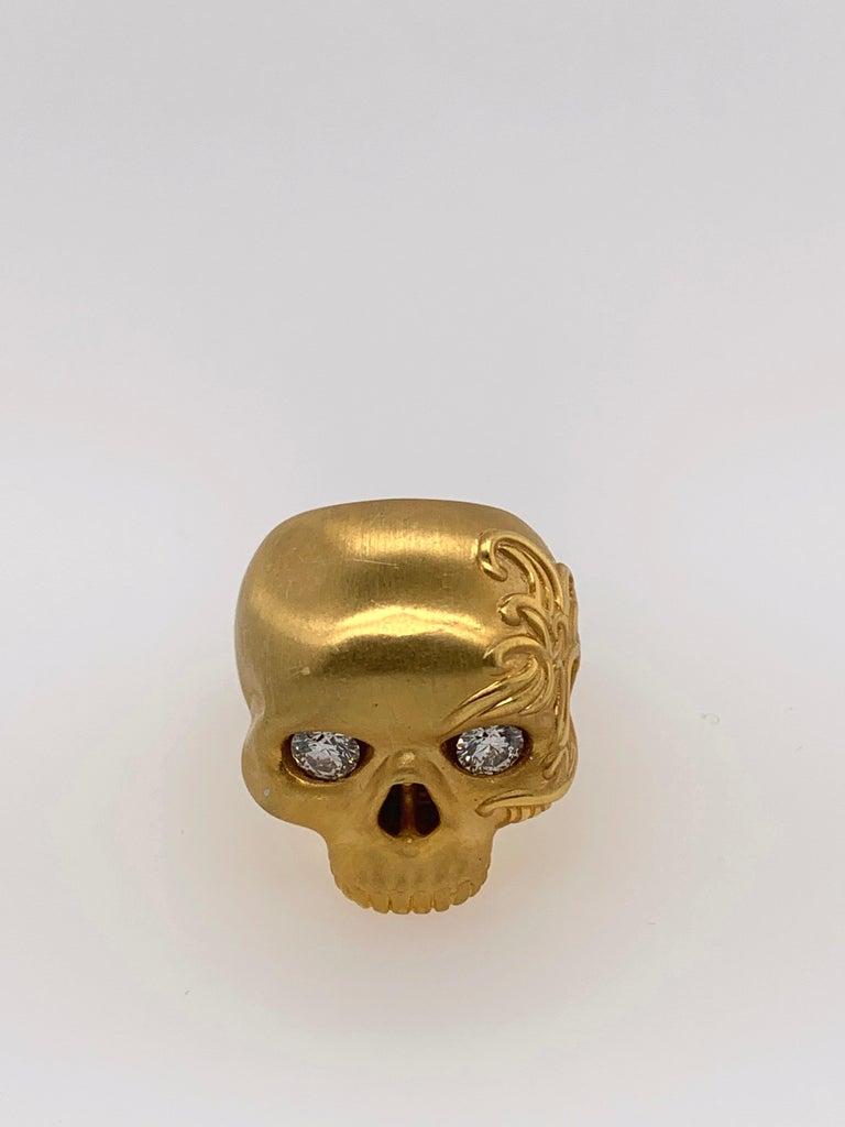 Yellow Gold White Diamond Skull Ring For Sale at 1stDibs