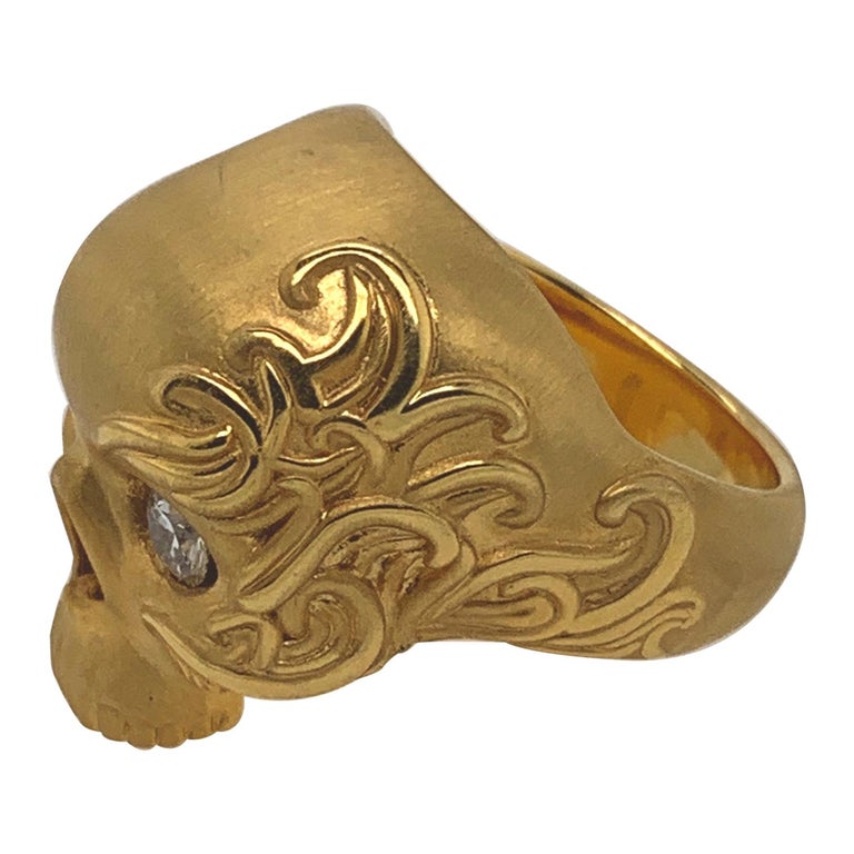 Yellow Gold White Diamond Skull Ring For Sale at 1stDibs