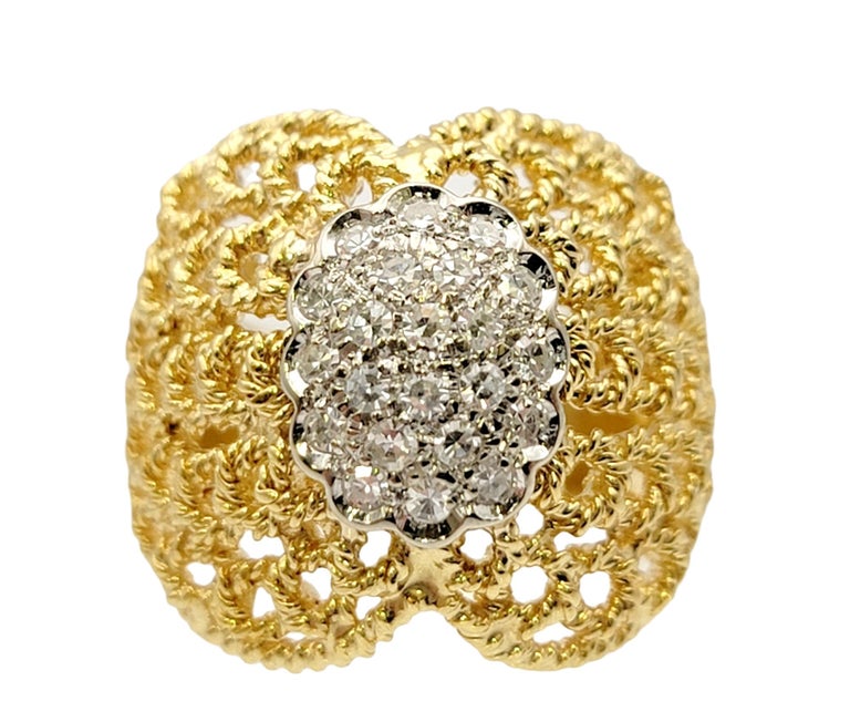 Yellow Gold Wide Mesh Band Ring with Round Brilliant Diamond Cluster F ...
