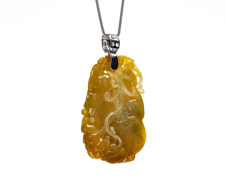 Yellow Jadeite Jade Lotus Leaf Pendant, Certified Untreated For Sale at ...