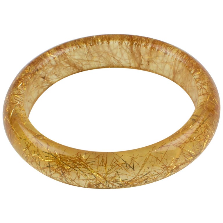 Yellow Lucite Bracelet Bangle Gold Metallic Cotton For Sale at 1stDibs