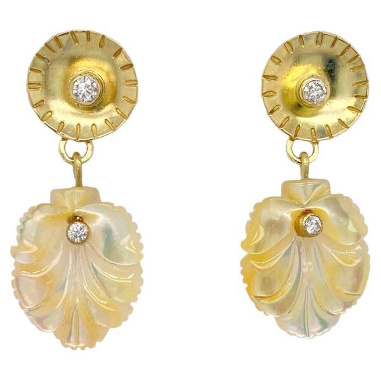 Yellow mother of pearl shell and gold earrings with diamonds For Sale ...