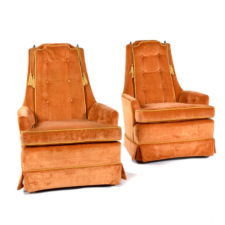 Yellow Orange Velvet Tufted High Back Lounge Chair Set by McAfee For ...