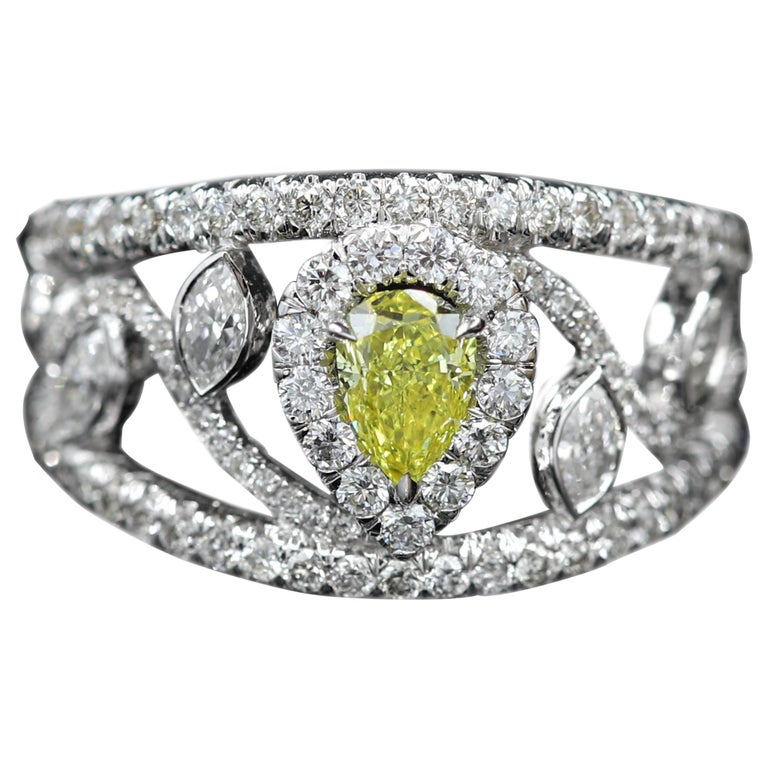 Yellow Pear Diamond Ring Mix Shape Diamonds 18 Karat Gold GIA Yellow ...