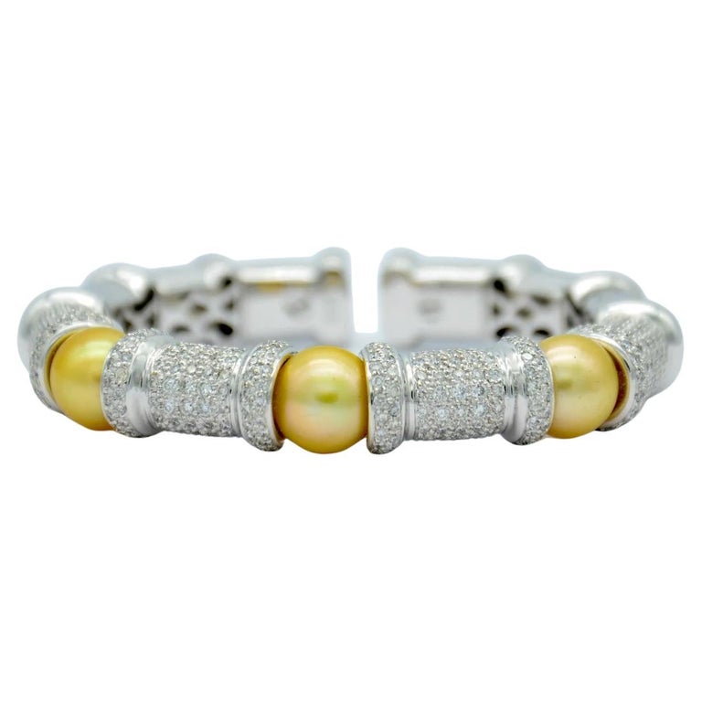 Yellow Pearl, Diamond, and White Gold Flex Bangle Bracelet For Sale at 1stDibs