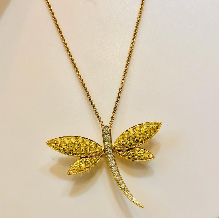 Yellow Saphires and Diamonds Dragonfly Pendant Brooche Necklace in 18k ...