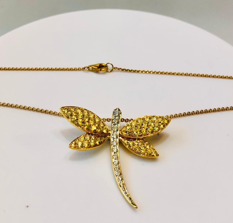 Yellow Saphires and Diamonds Dragonfly Pendant Brooche Necklace in 18k ...