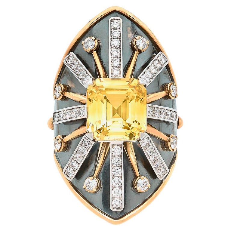 Yellow Sapphire Ecu Ring with Diamonds in 18k Gold by Elie Top For Sale ...