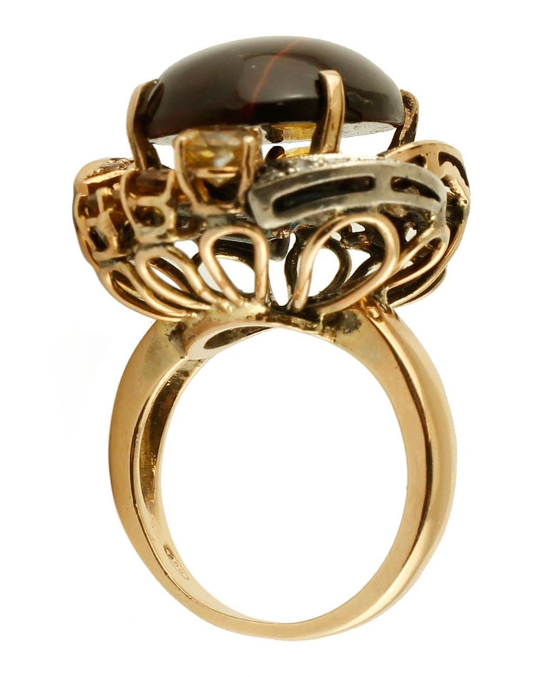 Yellow Sapphires, Hard Stone, 14 Karat Rose Gold and Silver Retro Ring ...