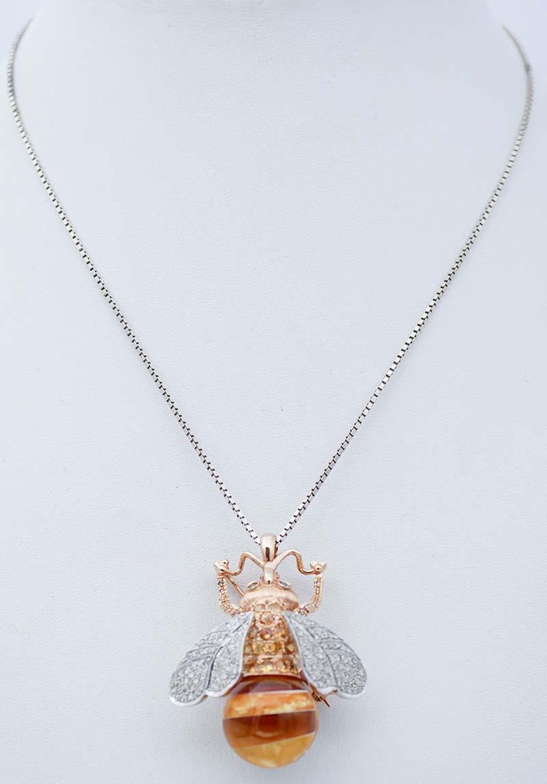 Yellow Sapphires Diamonds Amber Rose Gold and Silver Bee Brooch/Pendant ...