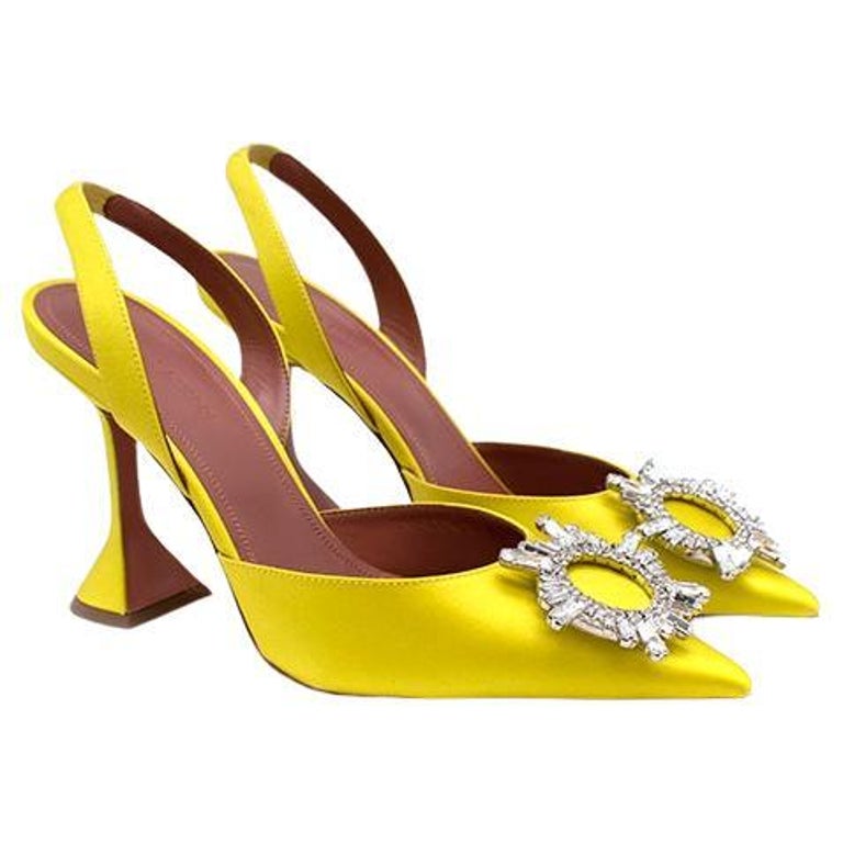 Yellow satin and crystal Begum slingback heeled pumps For Sale at 1stDibs