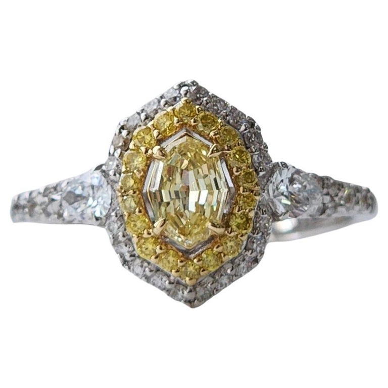 Yellow Step Cut Oval Diamond Halo Ring For Sale at 1stDibs