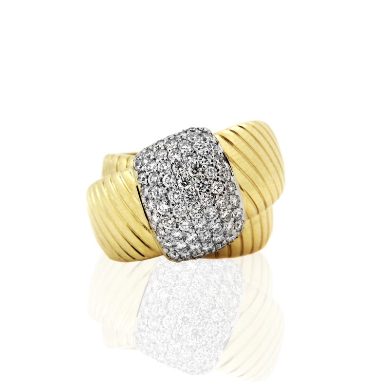 Yellow White Gold and Diamond Cross Over Ring For Sale at 1stDibs