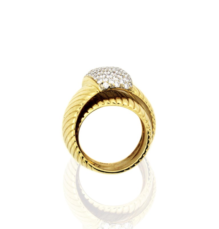 Yellow White Gold and Diamond Cross Over Ring For Sale at 1stDibs