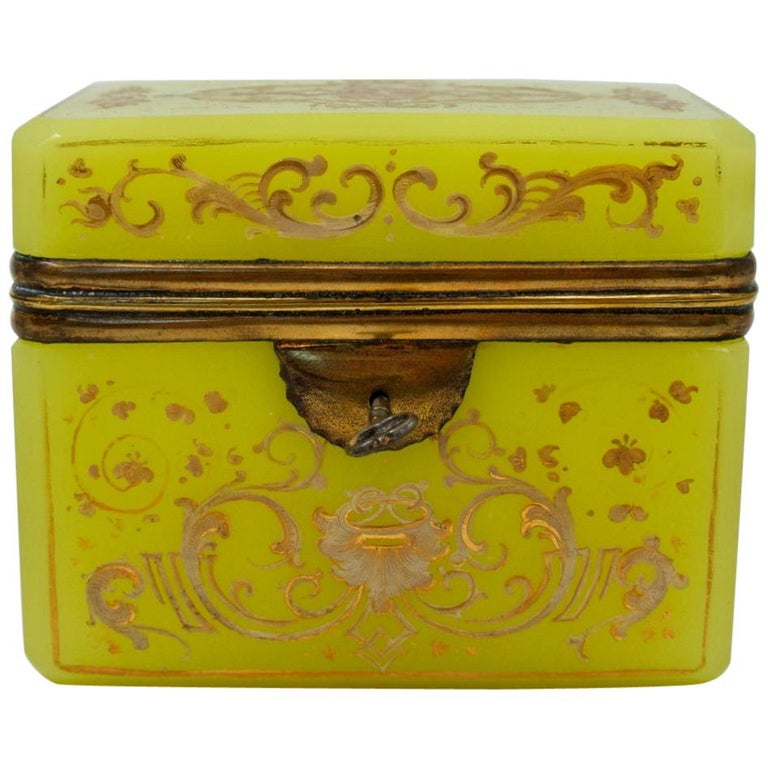 Yellow Yellow Opaline Box Enameled with White and Gold Decors at 1stDibs