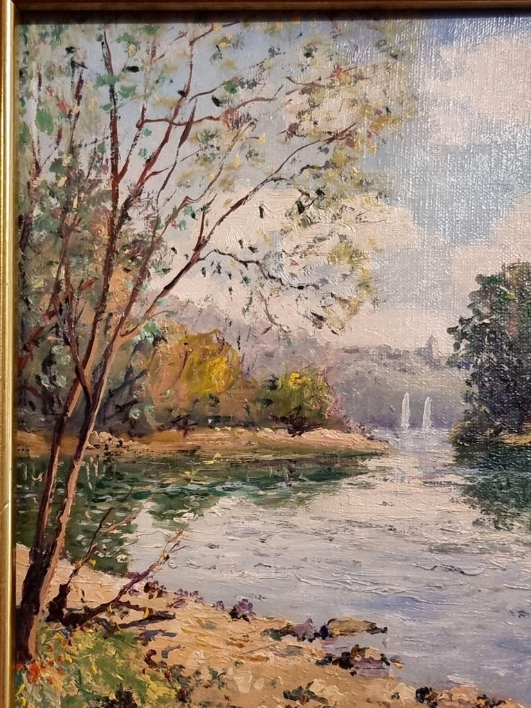 Yetivar Kaprielian - "la Seine à Lavacourt à Contre-jour" - Oil On Canvas, 20th For Sale at 1stDibs