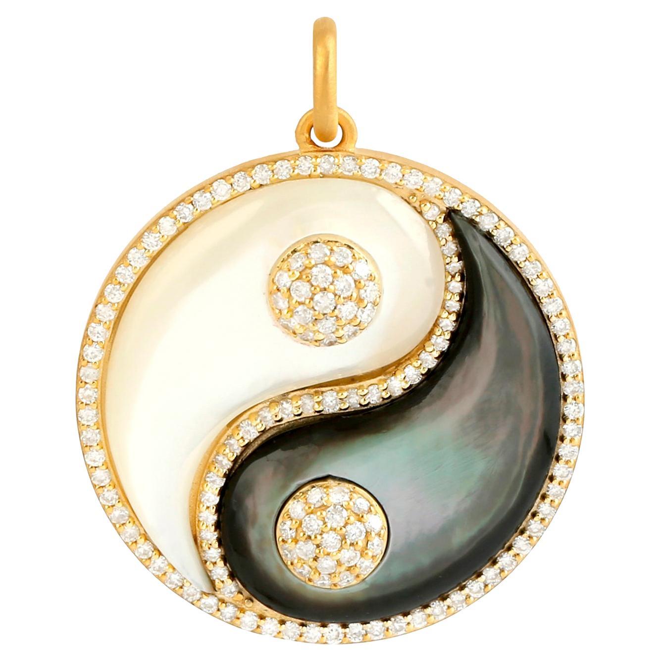 Yin and Yang Pendant Necklace Mother of Pearl and Diamonds 14K Yellow ...
