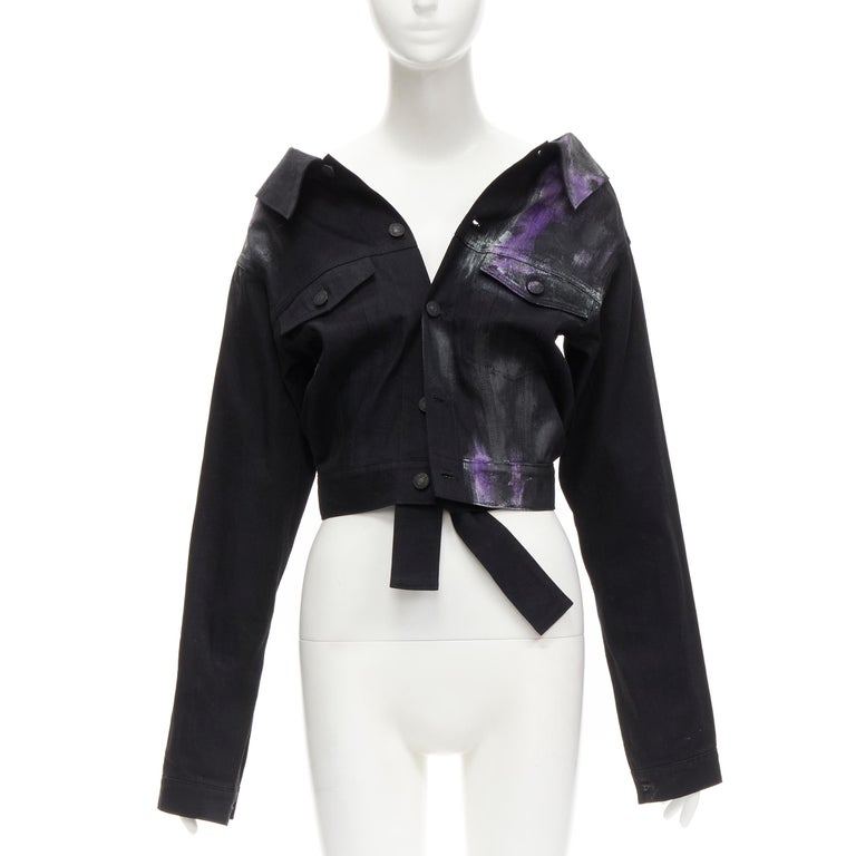 YOHJI YAMAMOTO purple paint black denim off shoulder cropped jacket JP3 ...