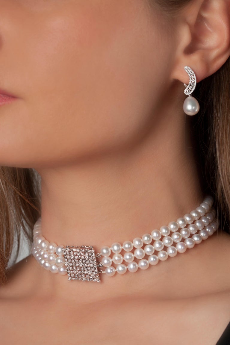 Yoko London Freshwater Pearl And Diamond Choker Necklace In 18 Karat