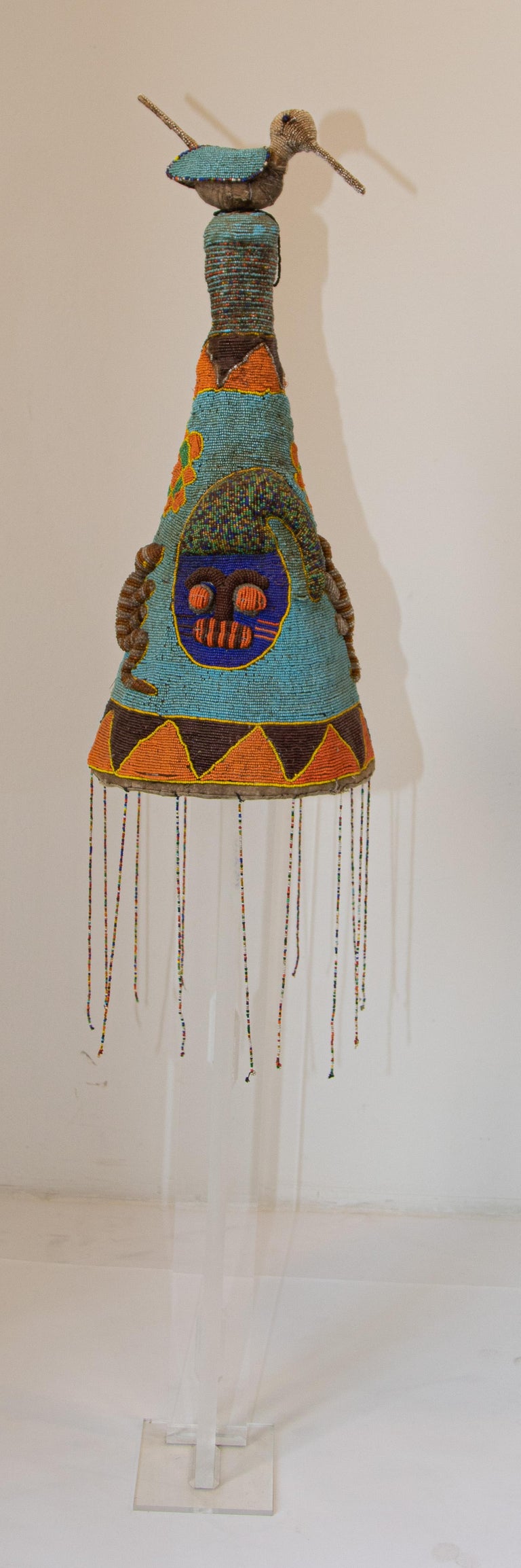Yoruba Nigeria African Royal Beaded Headdress Crown on Lucite Stand For ...