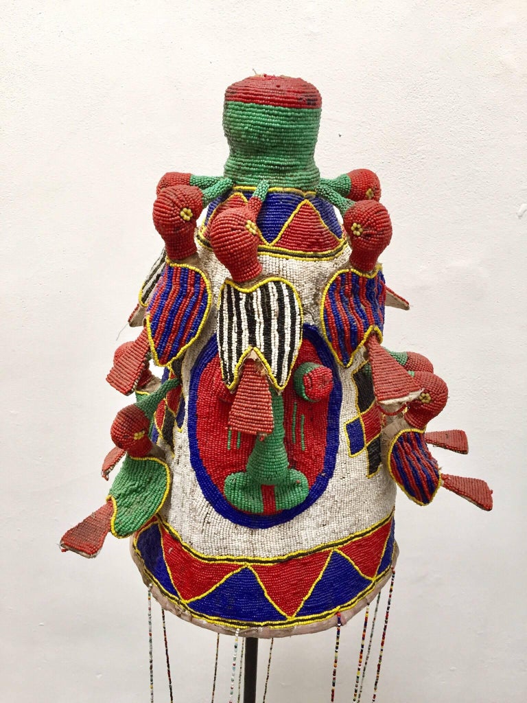 Yoruba Nigeria African Royal Beaded Headdress Crown on Stand at 1stDibs ...