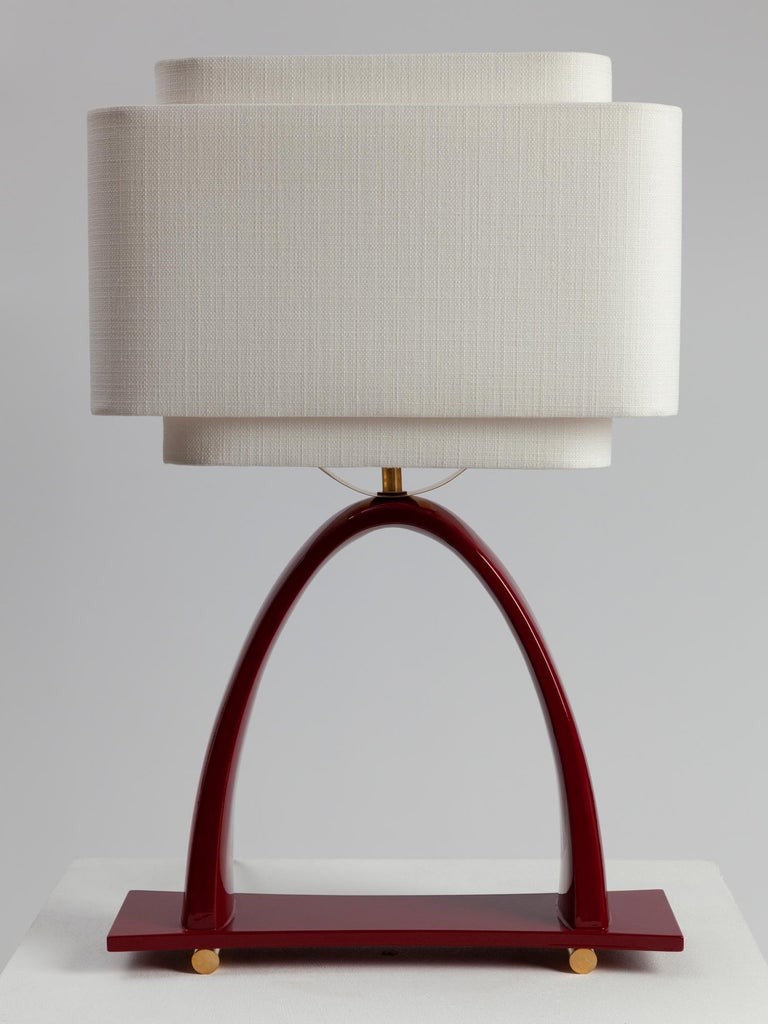 Yoshiko Dark Red Lamp in Ceramic Laquered Wood Brass and Linen ...
