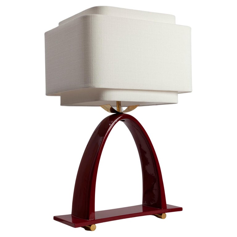 Yoshiko Dark Red Lamp in Ceramic Laquered Wood Brass and Linen ...