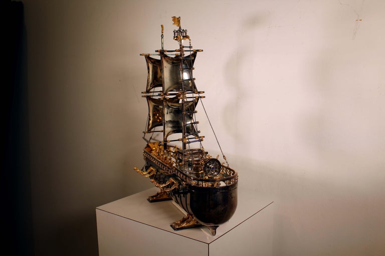 Yossi Swed Partial Gilt Silver Ship-Form Menorah 4/65 1992-1993 at 1stDibs