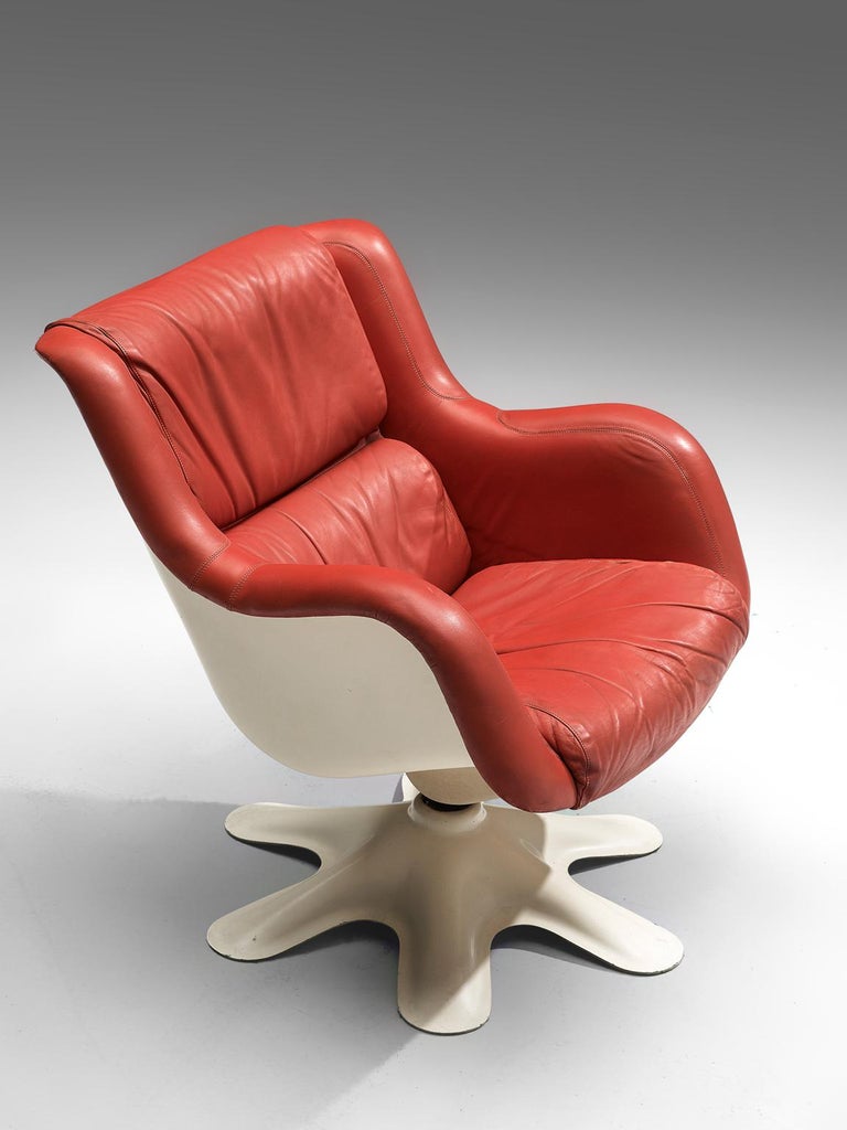 Yrjo Kukkapuro 'Karuselli' Lounge Chair in Red Leather For Sale at 1stDibs