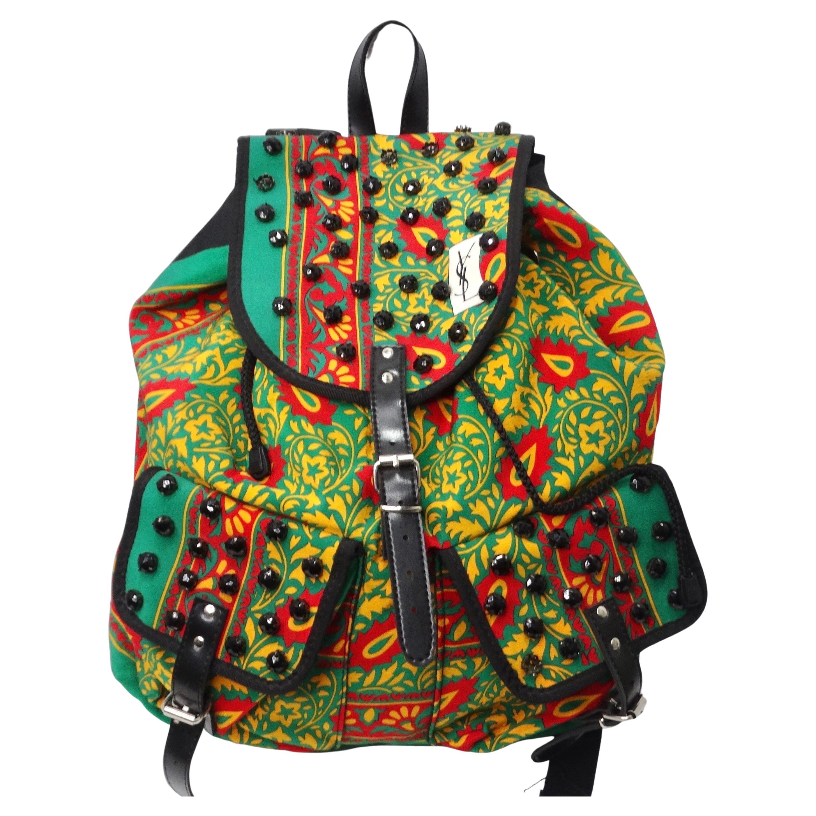 YSL Printed Scarf Studded Backpack For Sale at 1stDibs