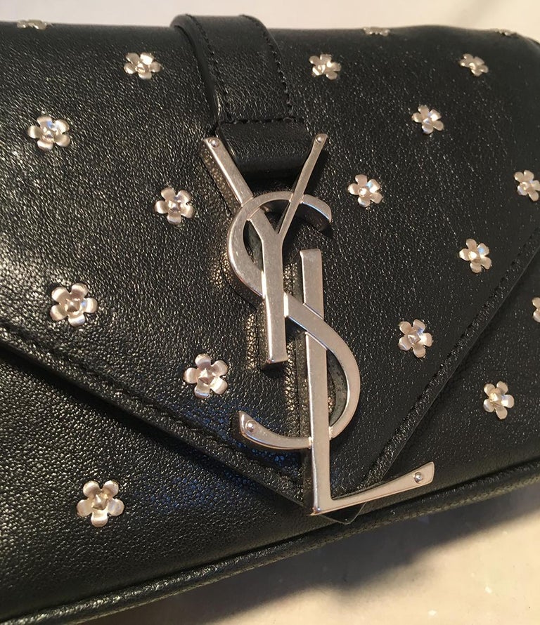 YSL Saint Laurent Black Leather Flower Studded Small Envelope Chain ...