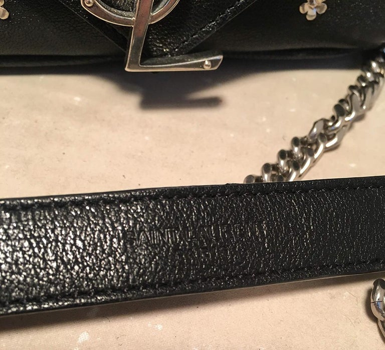 YSL Saint Laurent Black Leather Flower Studded Small Envelope Chain ...