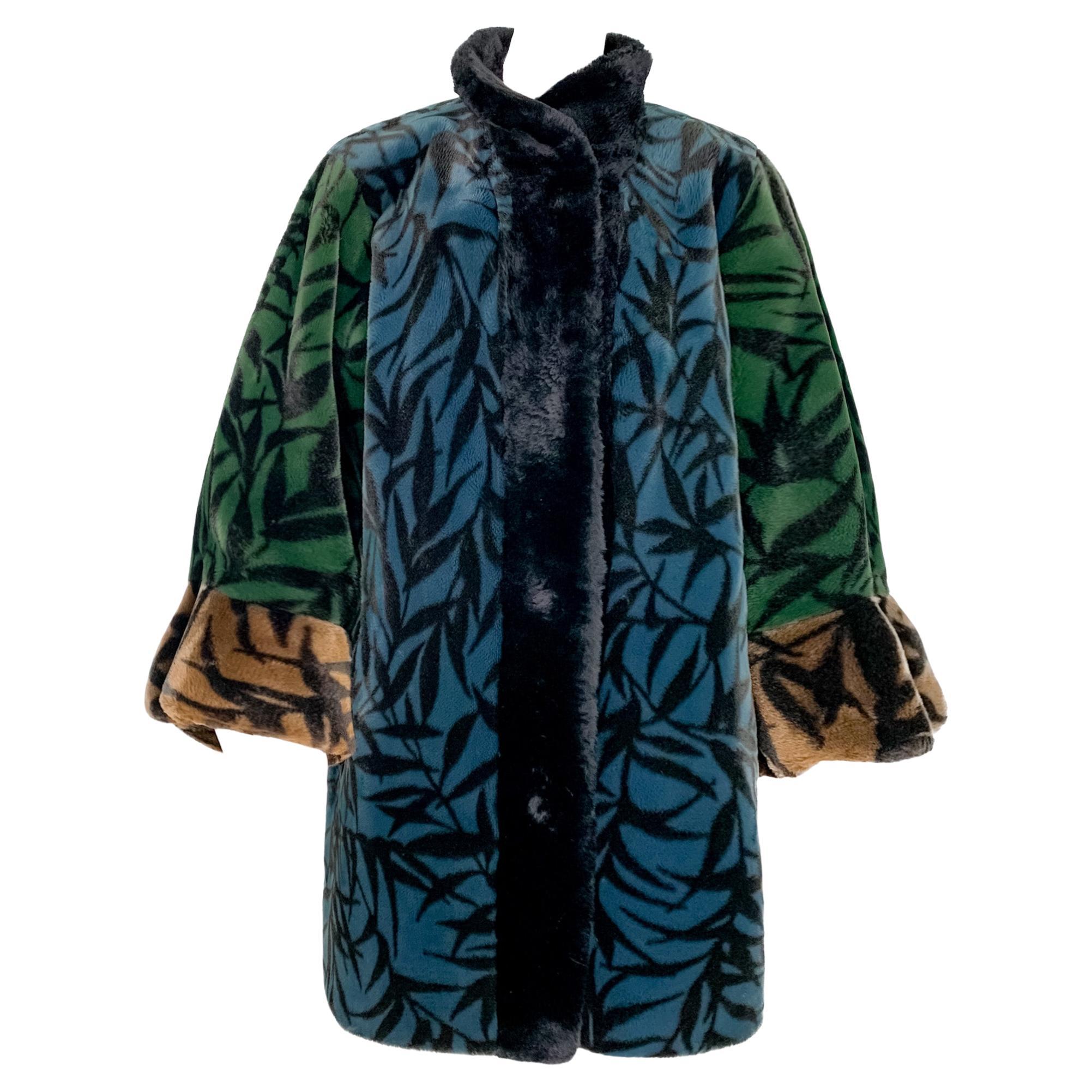 YSL Vintage 70s 80s Faux Fur Animal Floral Print Ruffled Sleeves Coat ...