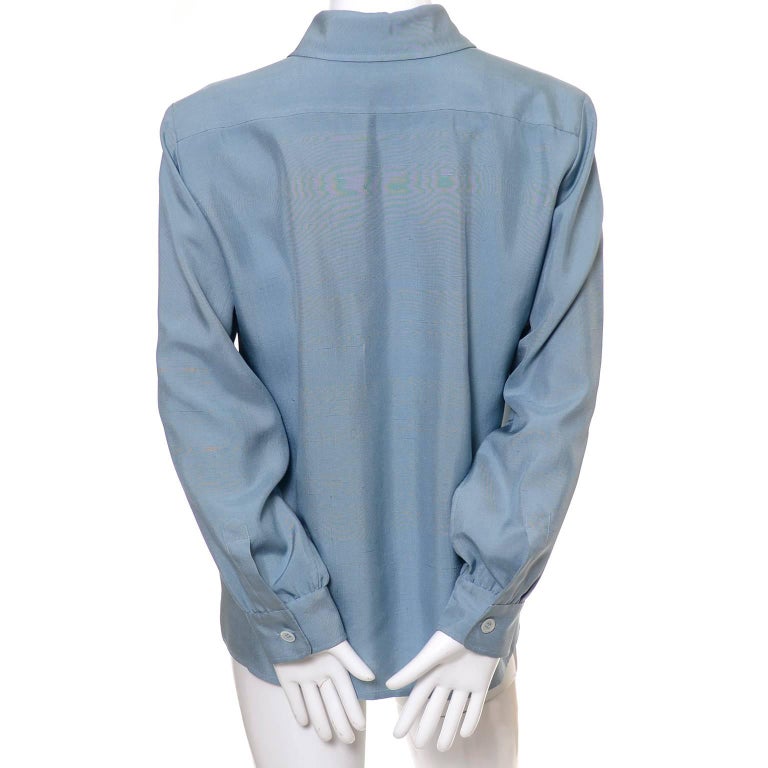 YSL Vintage Bow Blouse Blue Raw Silk Yves Saint Laurent France Size 38 ...